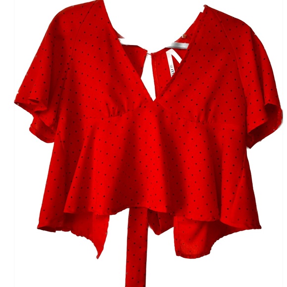 Tops | Red And Black Polka Dot Flowy Blouse Open Back With Bow Size ...